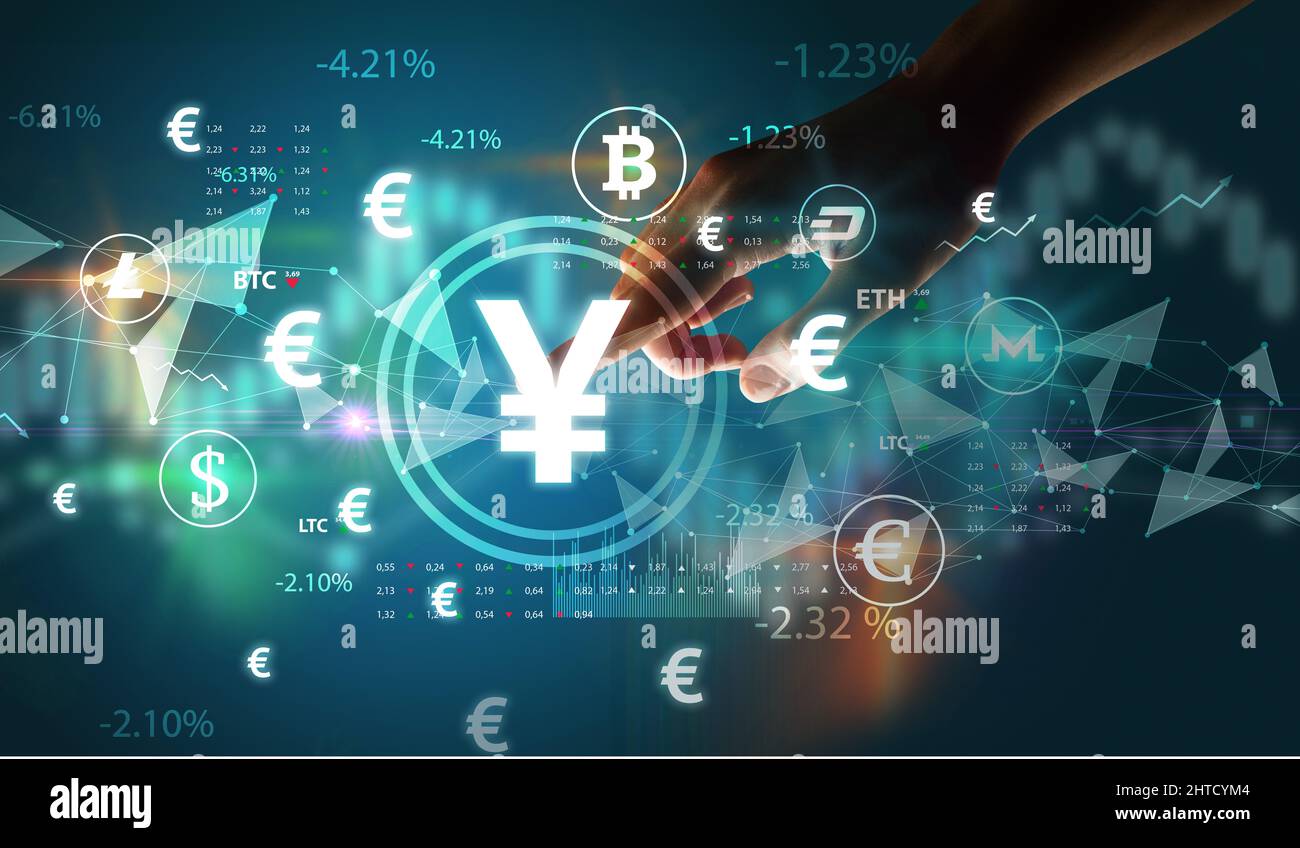 Business person hand pushing currency symbol on multimedia touch screen ...