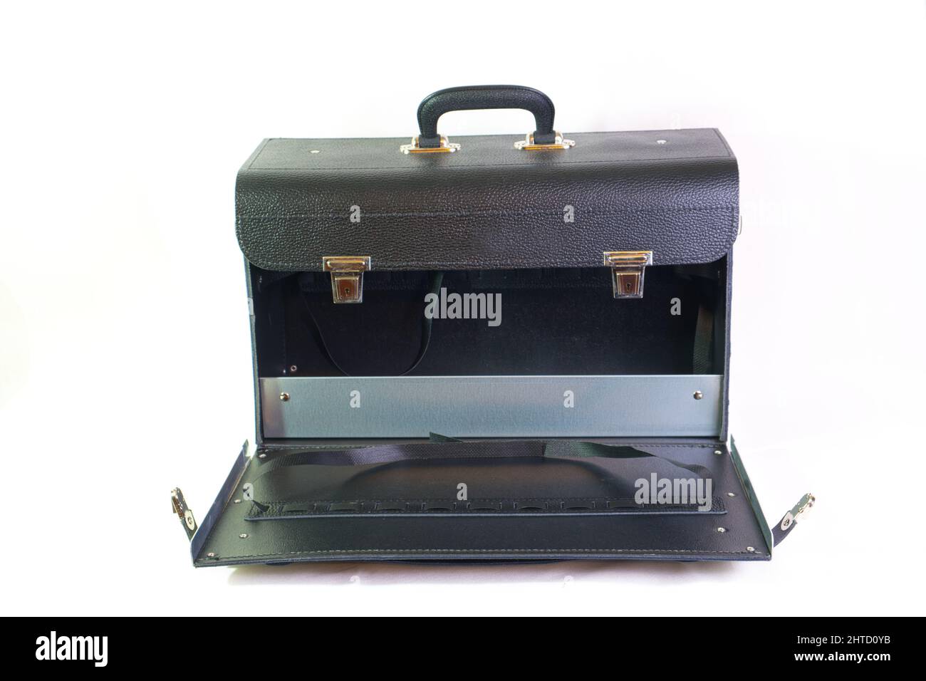 black empty craftsman work suitcase, leather bag opened Stock Photo - Alamy