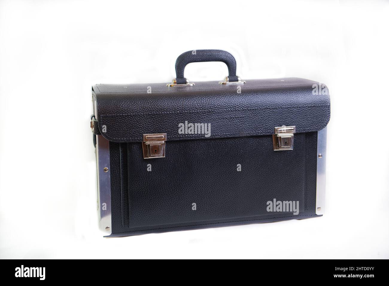 black empty craftsman work suitcase, leather assembly bag closed, front ...