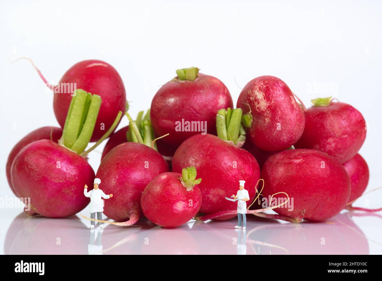 Chefs standing in front of a pile of juicy radishes on isolated white ...