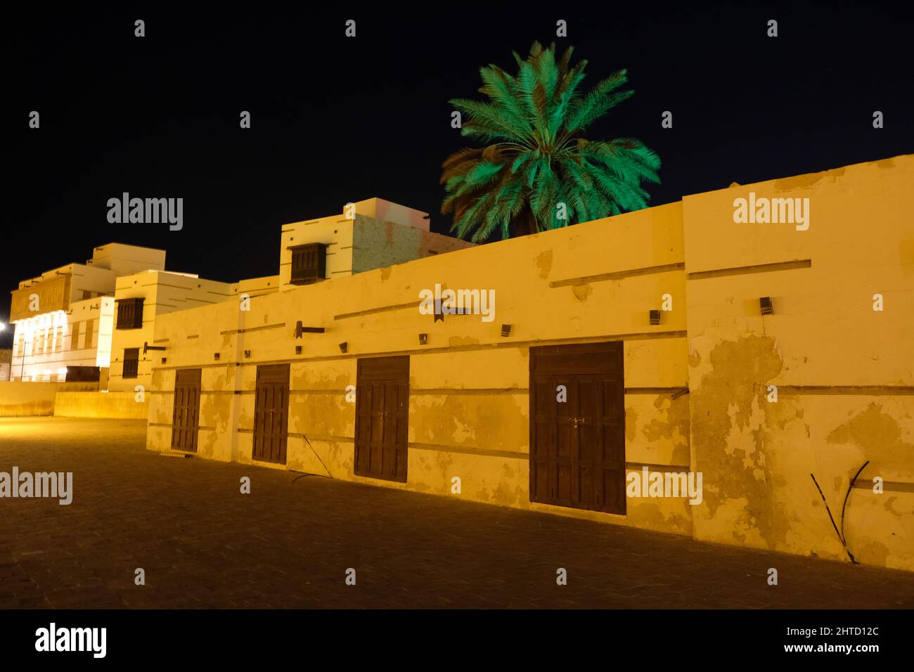 A palm sitting behind stores at the night market (in Arabic suq ellil ...