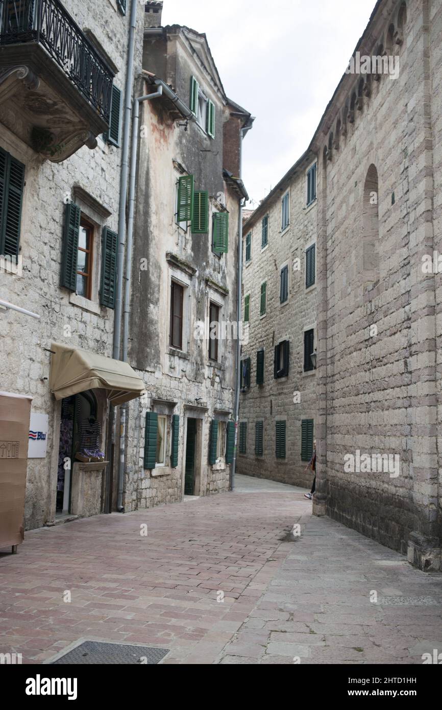 Vertical shot of a narrow street in the old town in Montenegro Stock ...