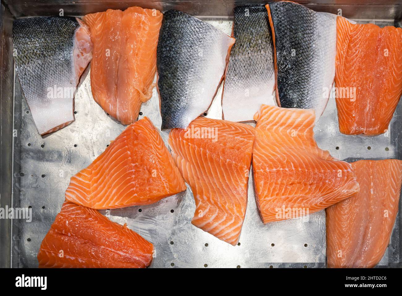 Fresh raw salmon fillet for sale in the supermarket Stock Photo - Alamy