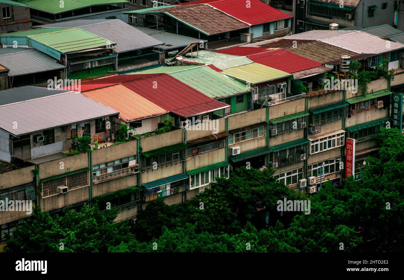 Aerial view of an old residential building with colorful roofs Stock ...