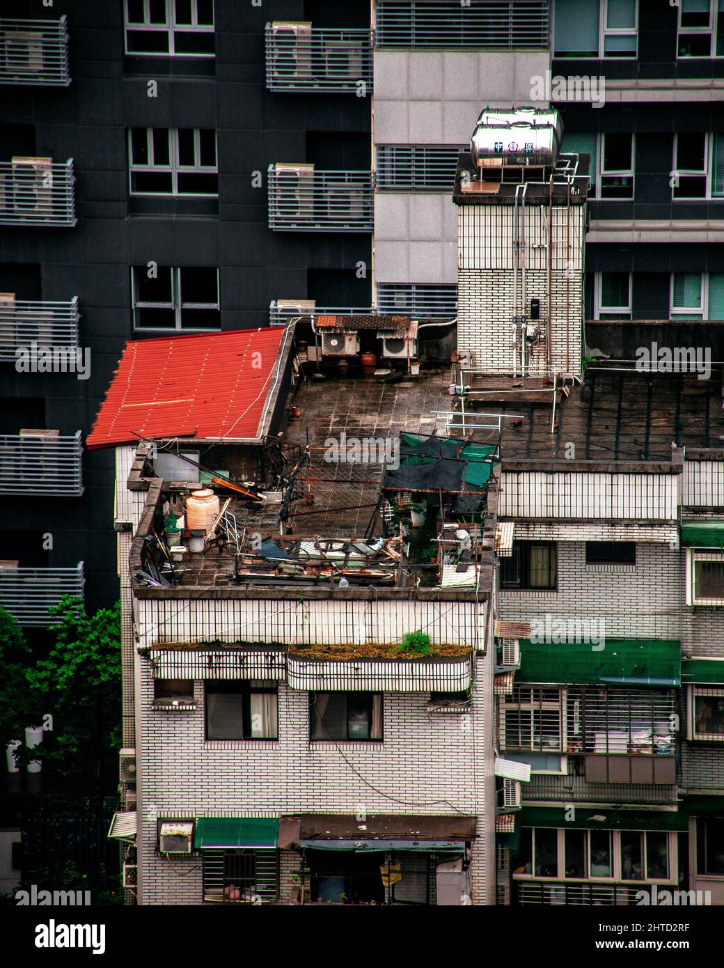 Aerial view of an old residential building with colorful roofs Stock ...