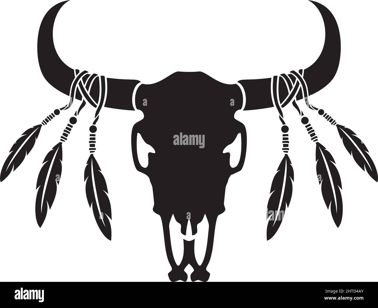 Native American bull or cow skull with feathers (vector illustration ...