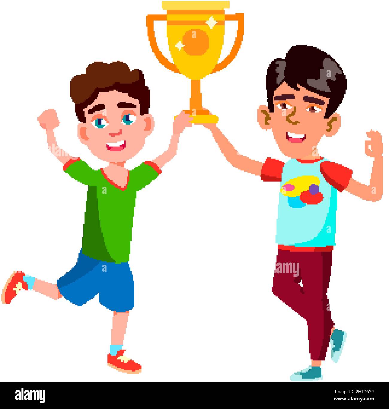 Boys Kids With Trophy Cup Celebrate Victory Vector Stock Vector Image ...