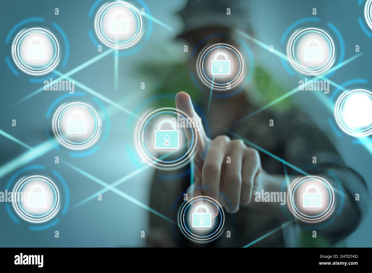 Soldier pressing text data integration button on a virtual interface ...