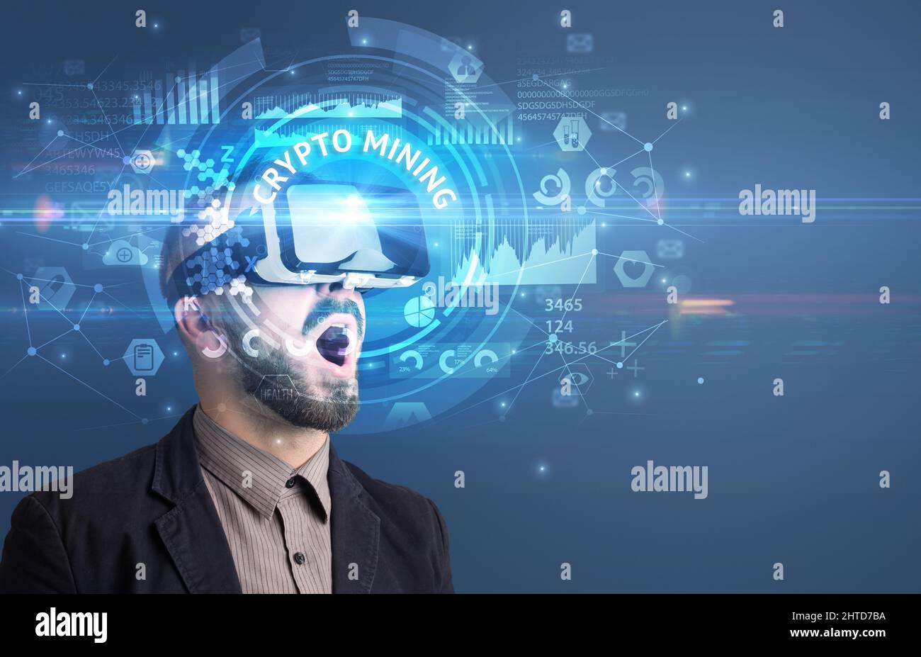 Businessman looking through VR glasses Stock Photo - Alamy