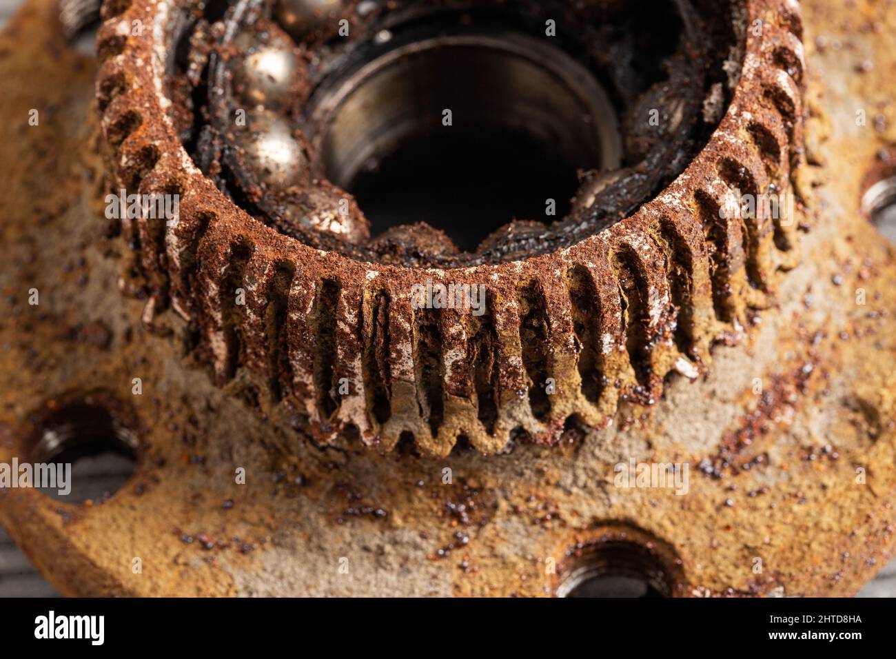 Old rusty wheel hub with a broken bearing. Bearing jamming. Automotive ...