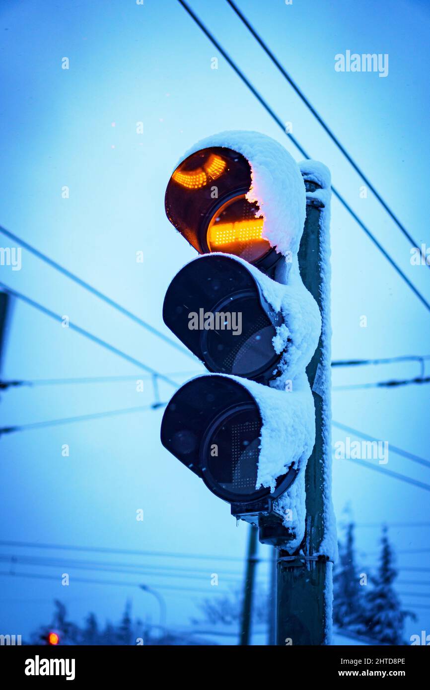Vertical shot of a traffic red light covered in snow Stock Photo - Alamy