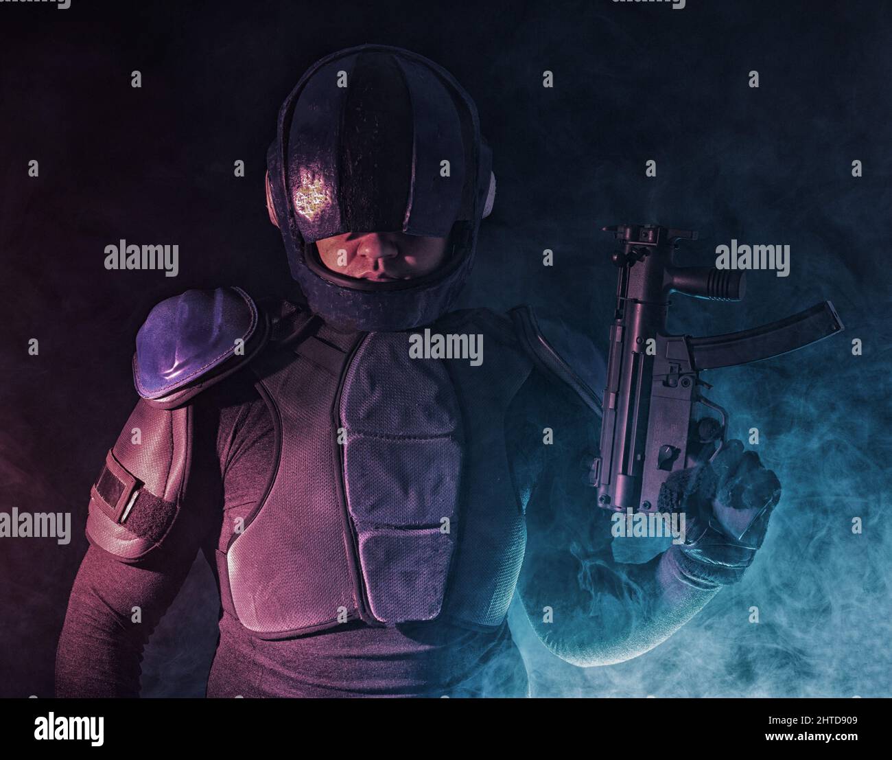 Cyberpunk concept, future world. Police officer cop in dark, halfman ...