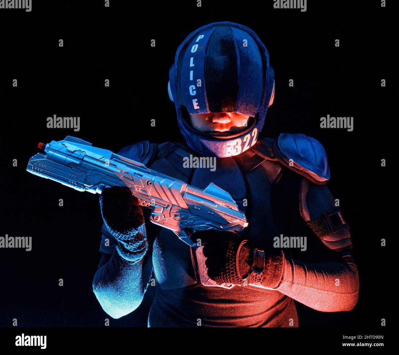 Cyberpunk future concept. Police officer reloads futuristic shotgun in ...