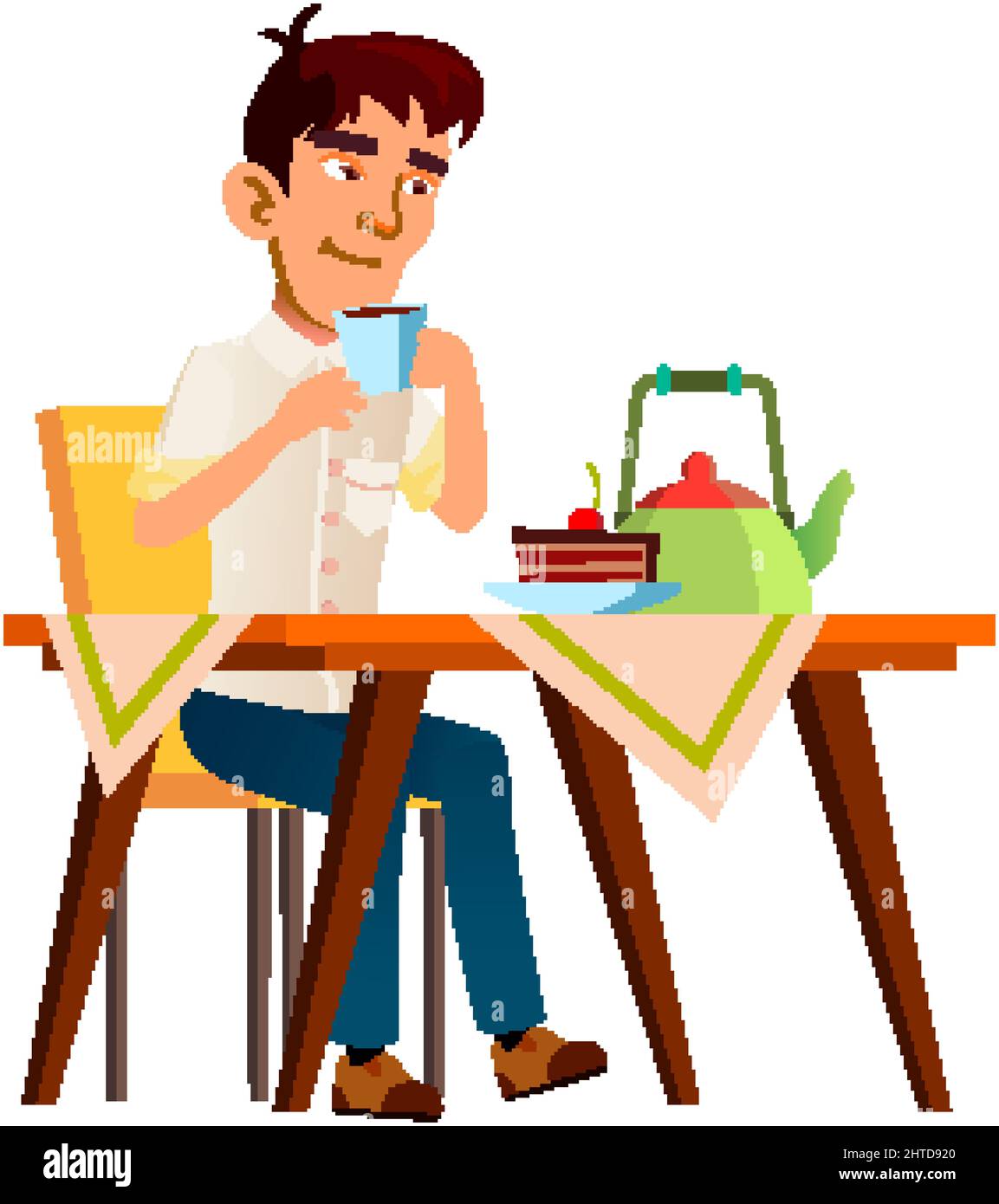 Teenager Boy Drinking Tea And Eating Cake Vector Stock Vector Image ...