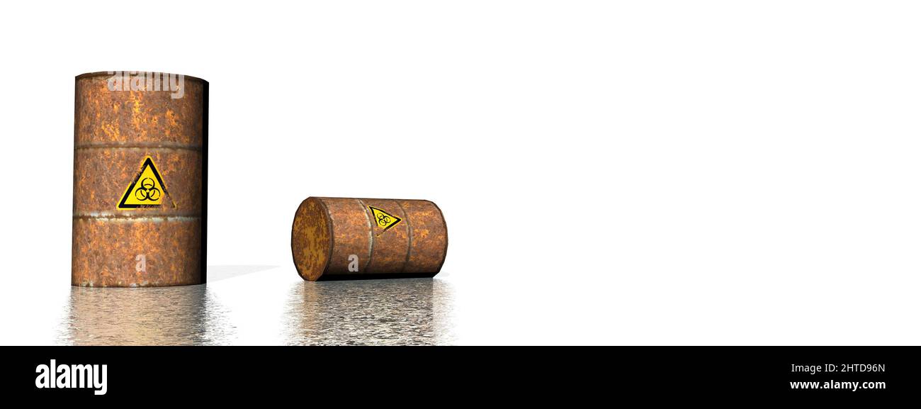 Rust biohazard barrels with logo - 3D render Stock Photo - Alamy