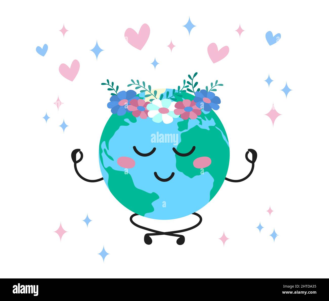 Cute Earth meditates and smiles. Cartoon planet with flower wreath on ...