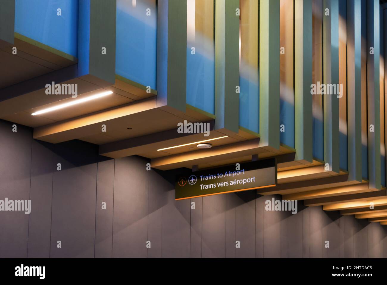 Modern ceiling of an underground train or metro station interior with ...