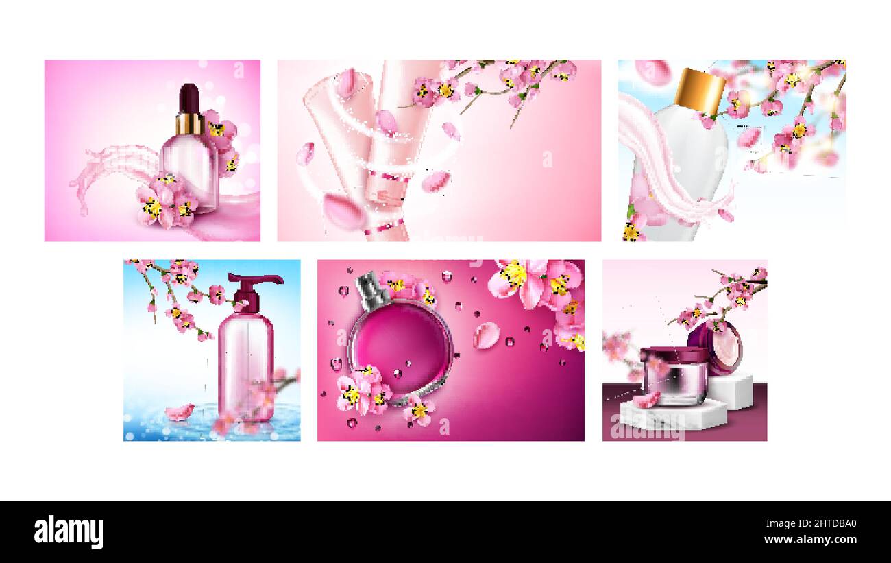Sakura Natural Cosmetics Promo Posters Set Vector Stock Vector Image ...