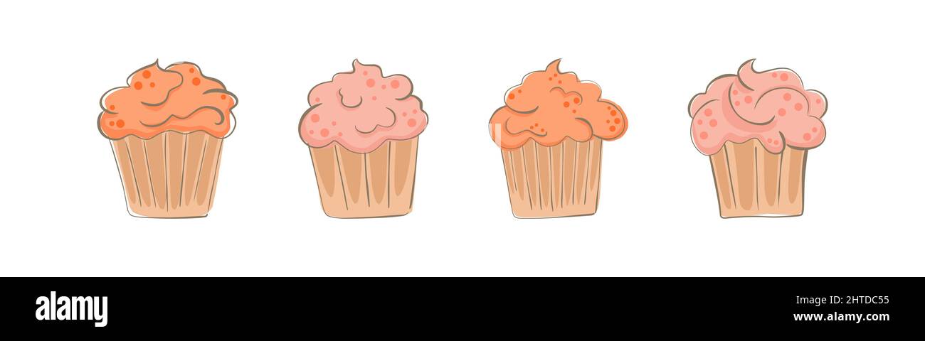 hand drawn cupcake with cream and topping. simple cartoon food ...
