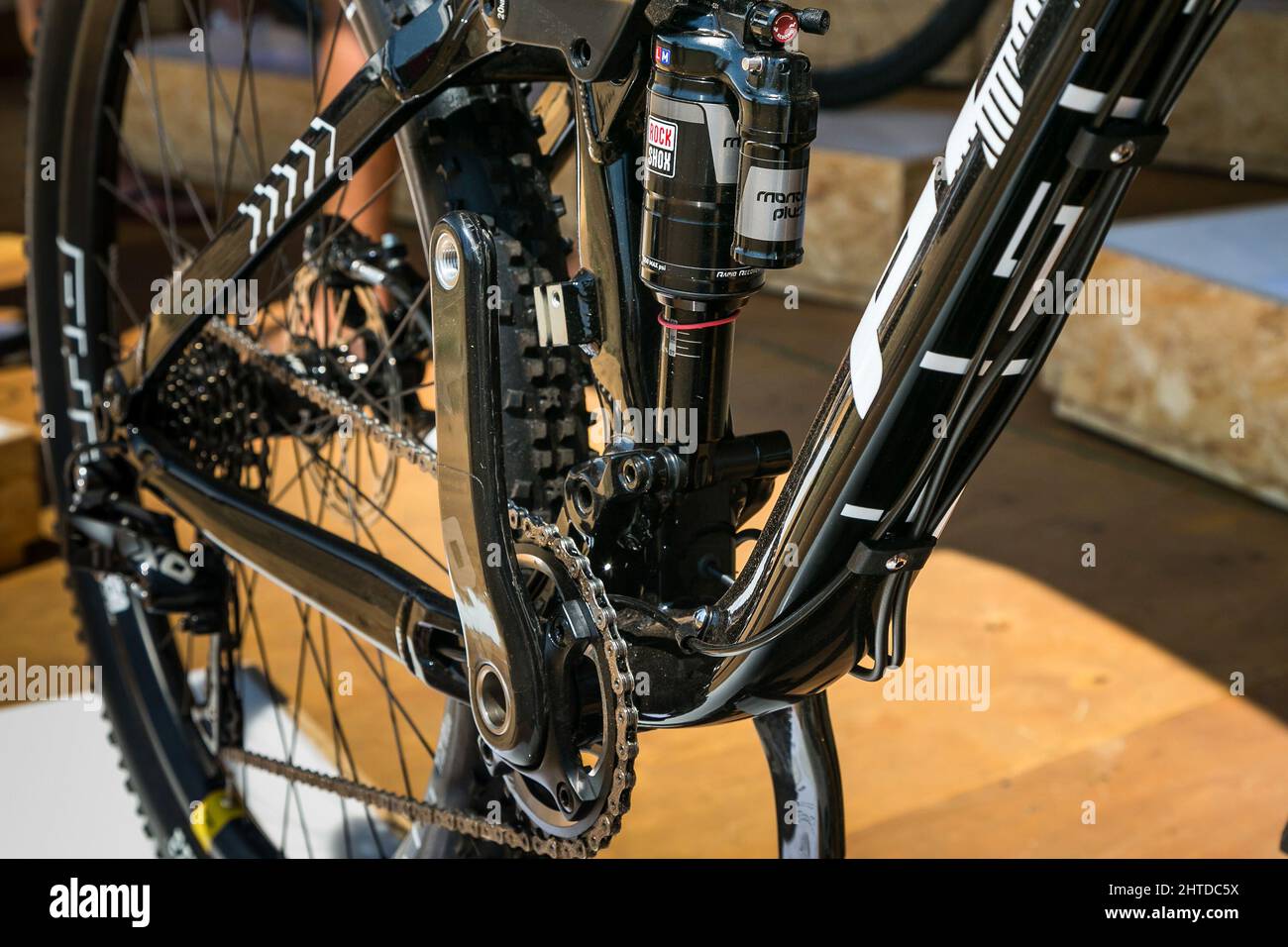 Closeup detail of a black bike on display at Cycle Fair and Expo in ...