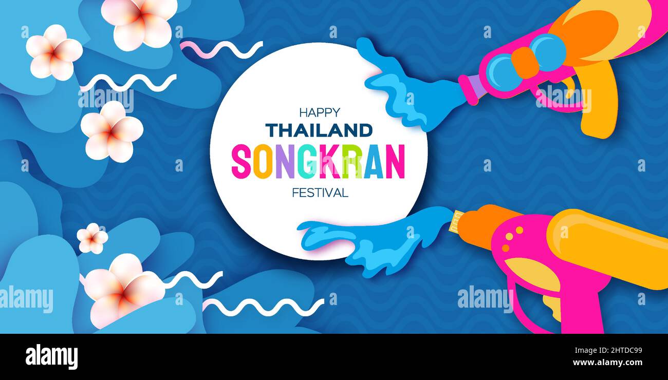 Songkran Festival with Blue water splash. Thailand New Year. Thai happy asian holidays. Water ...