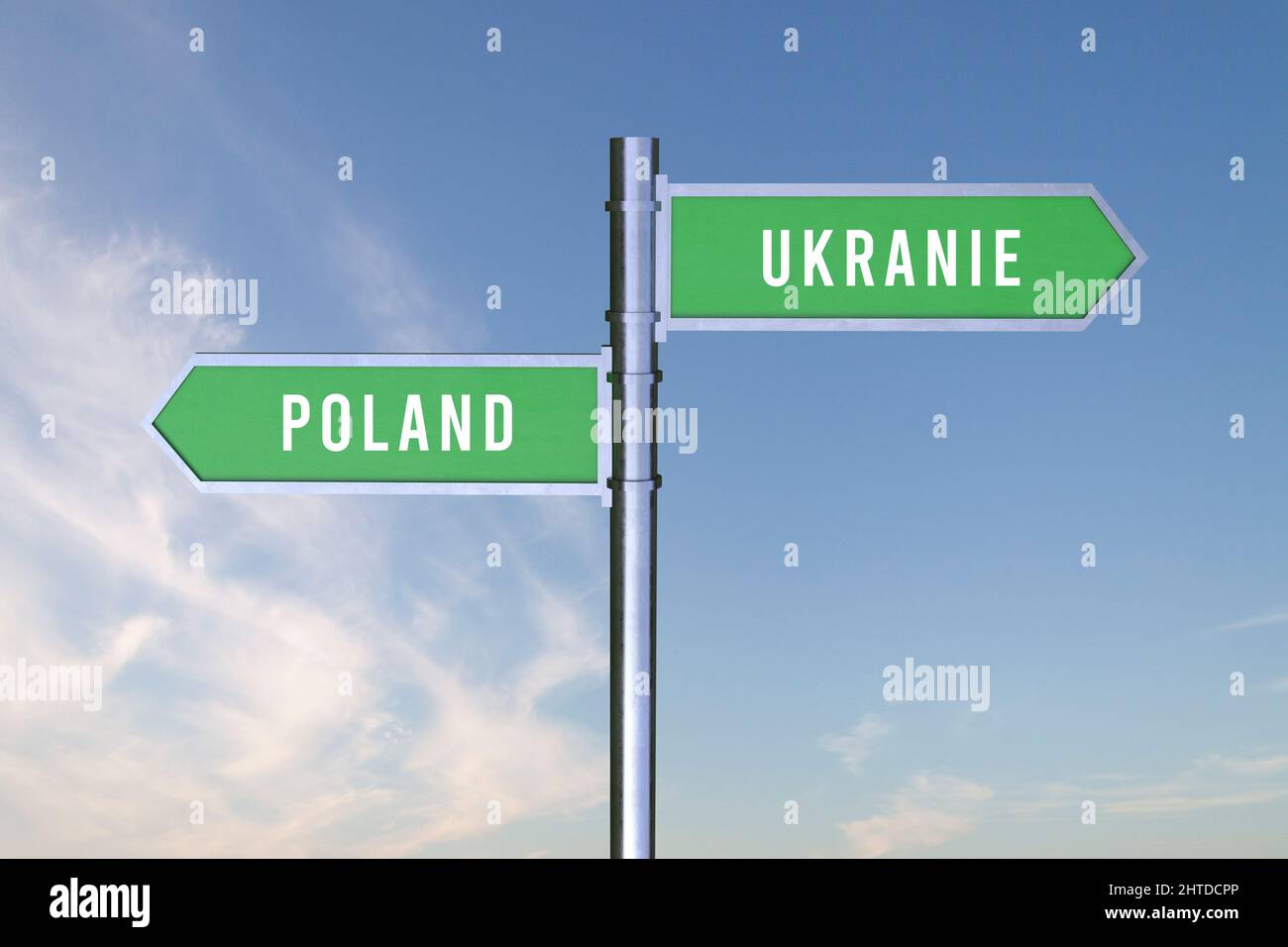 Sign indicating the direction of the borders between two countries ...