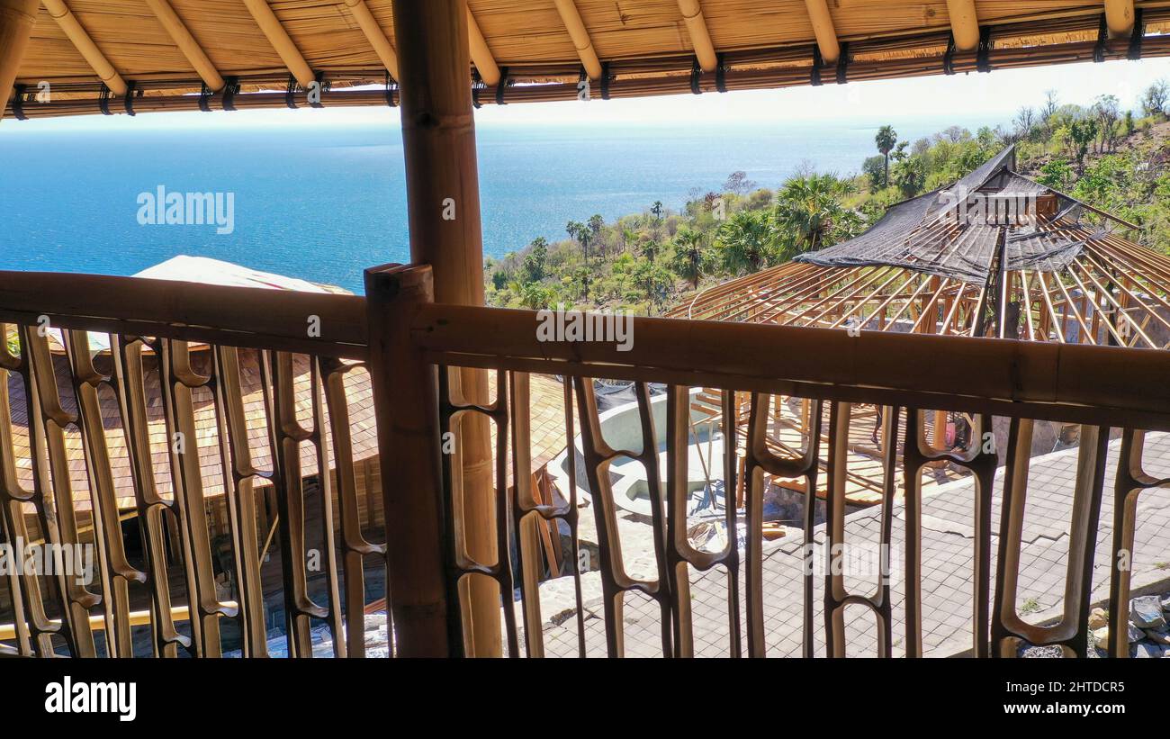 Golden Yellow ornamental Bamboo Railing. Curved staircase with an Asian ...