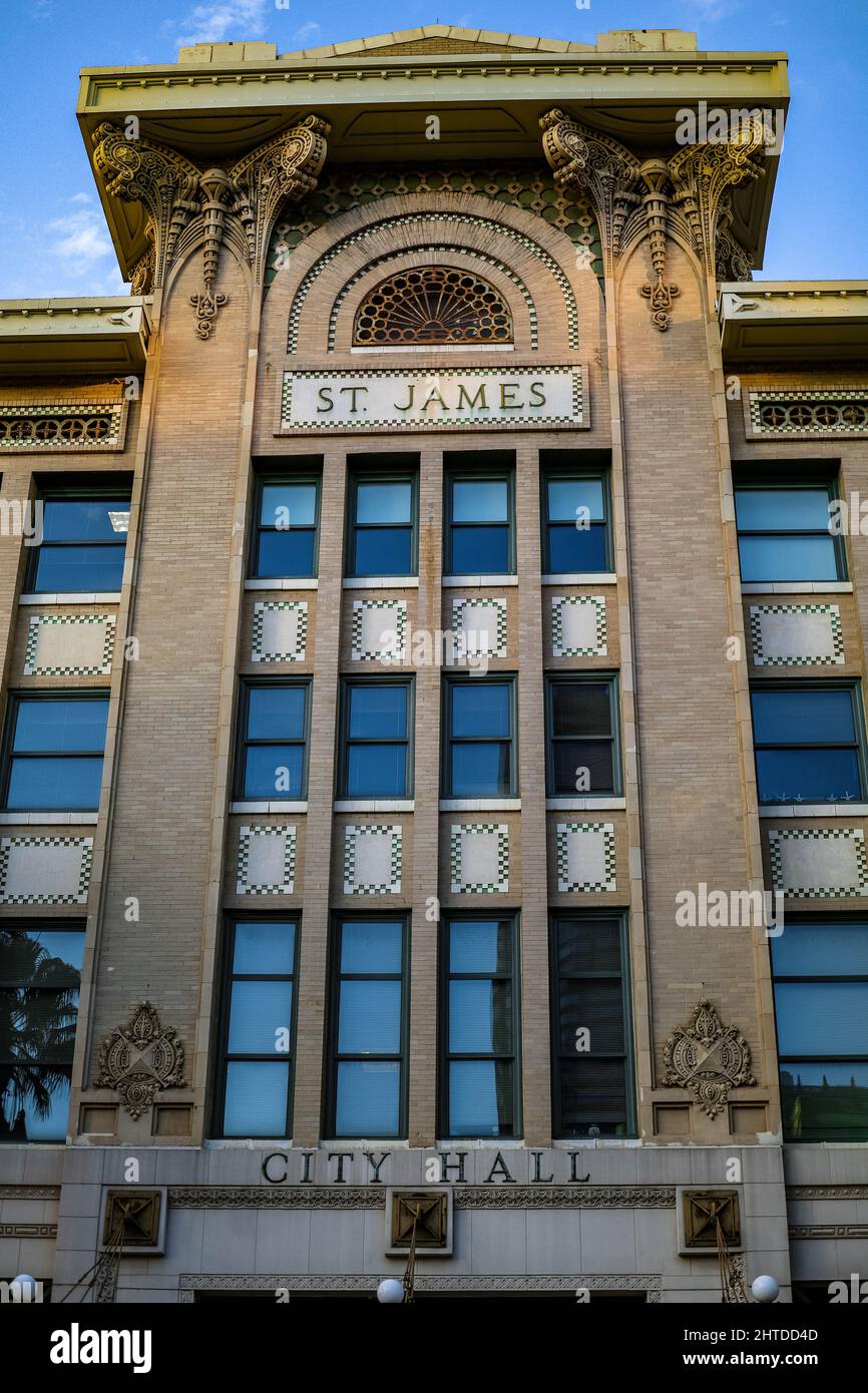 Facade of the famous historic Jacksonville City Hall against a blue sky ...