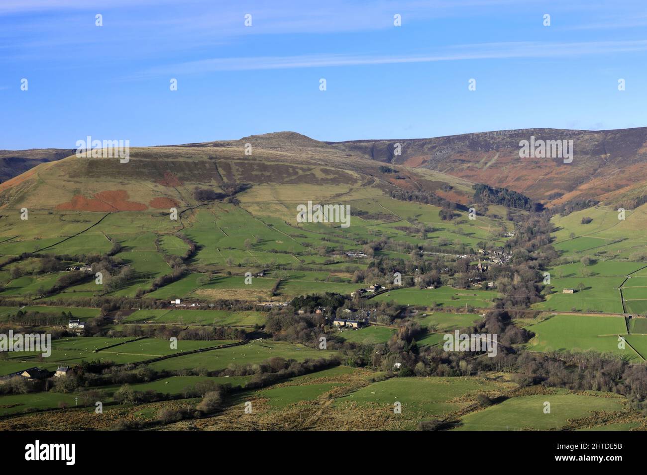 View over the Edale valley and Edale village, Derbyshire, Peak District ...
