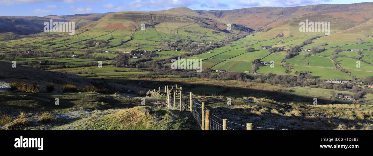 View over the Edale valley and Edale village, Derbyshire, Peak District ...