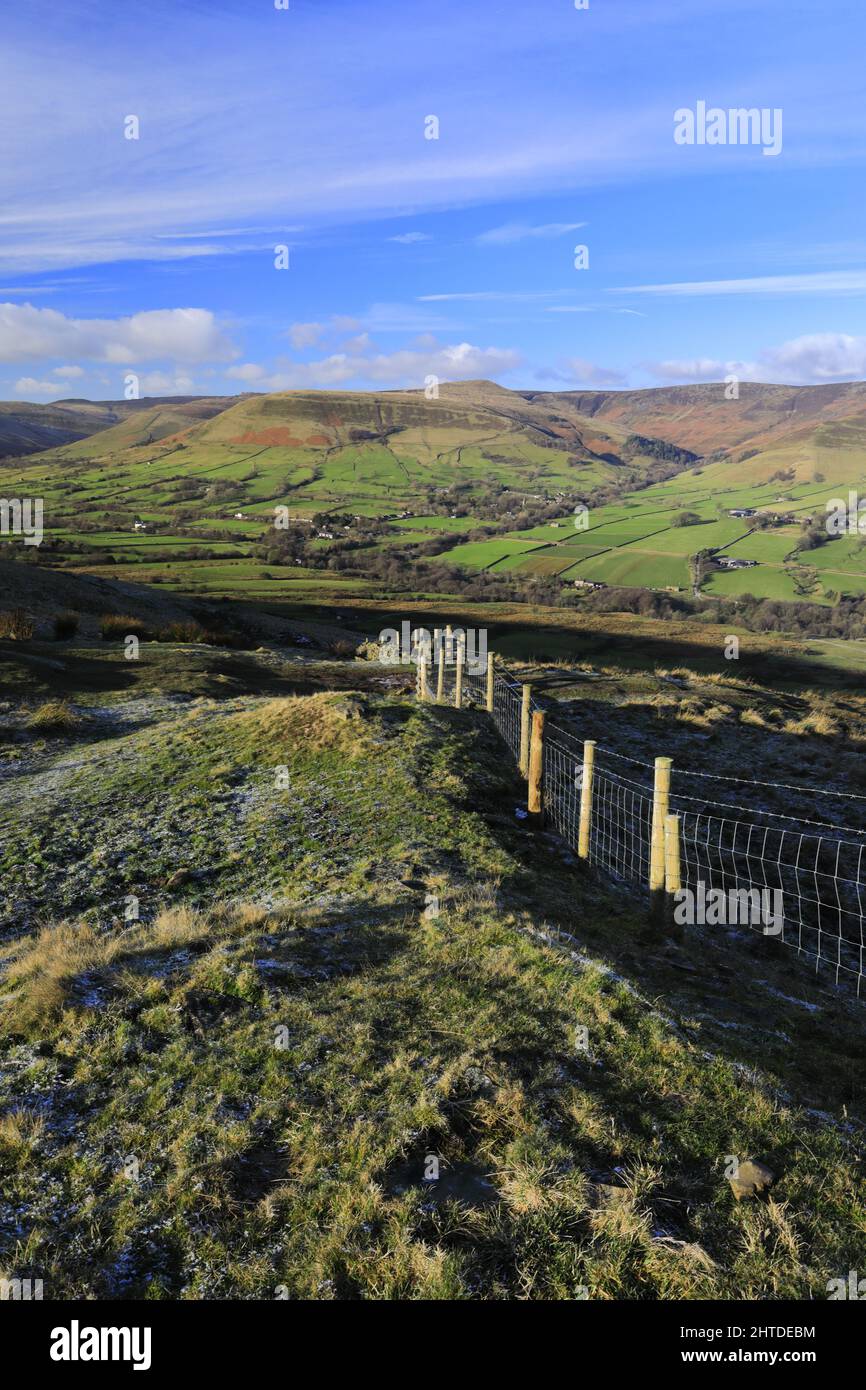 View over the Edale valley and Edale village, Derbyshire, Peak District ...