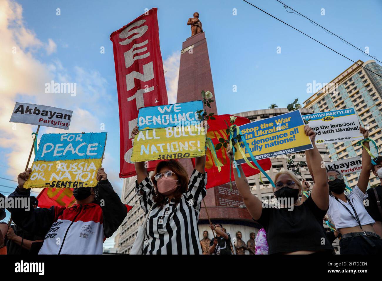 Manila, Philippines. 28th Feb, 2022. Filipino activists hold signs with ...