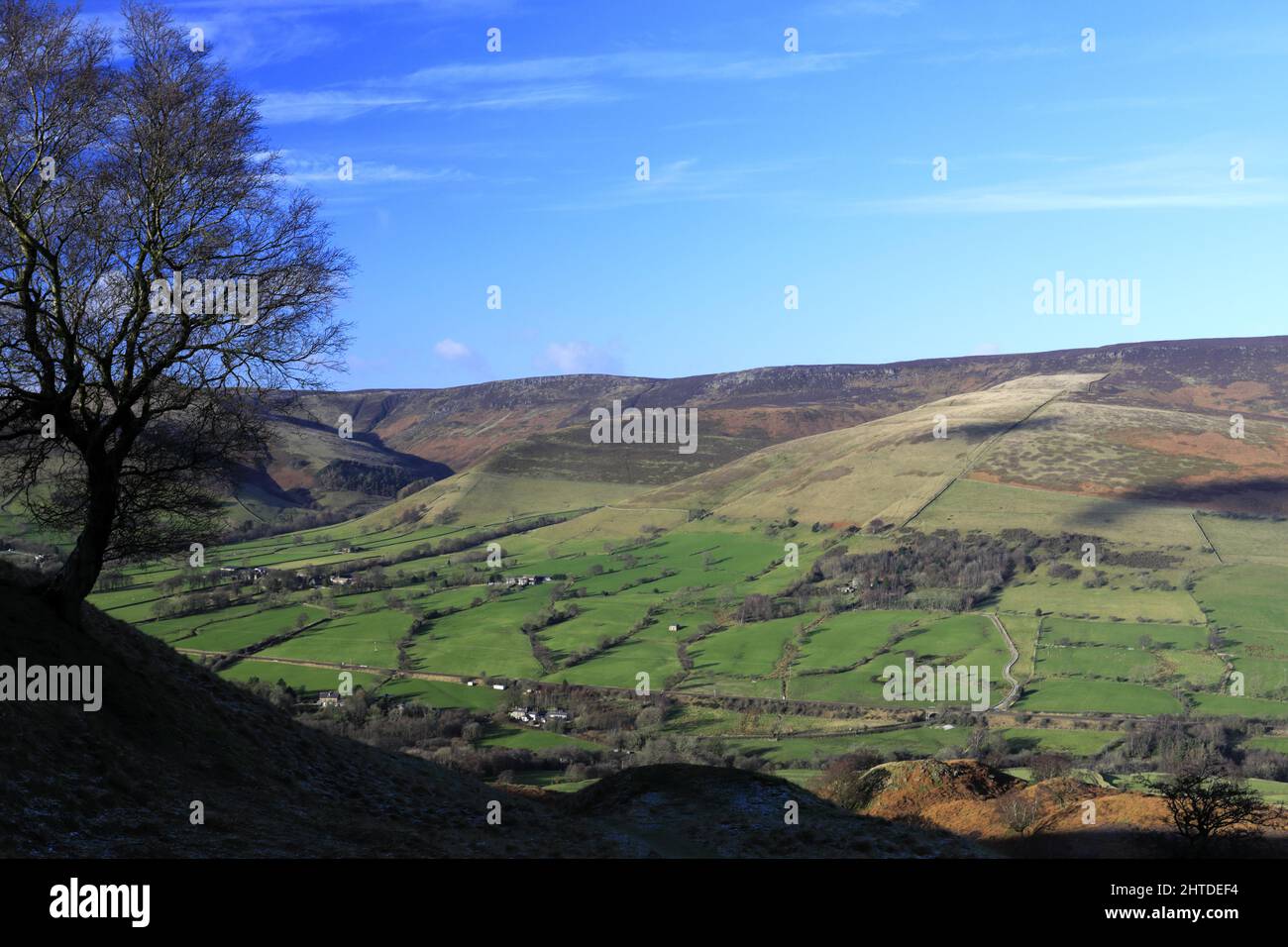 View over the Edale valley and Edale village, Derbyshire, Peak District ...