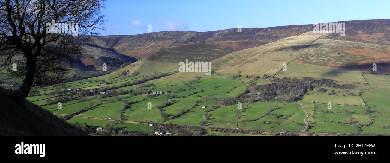 View over the Edale valley and Edale village, Derbyshire, Peak District ...