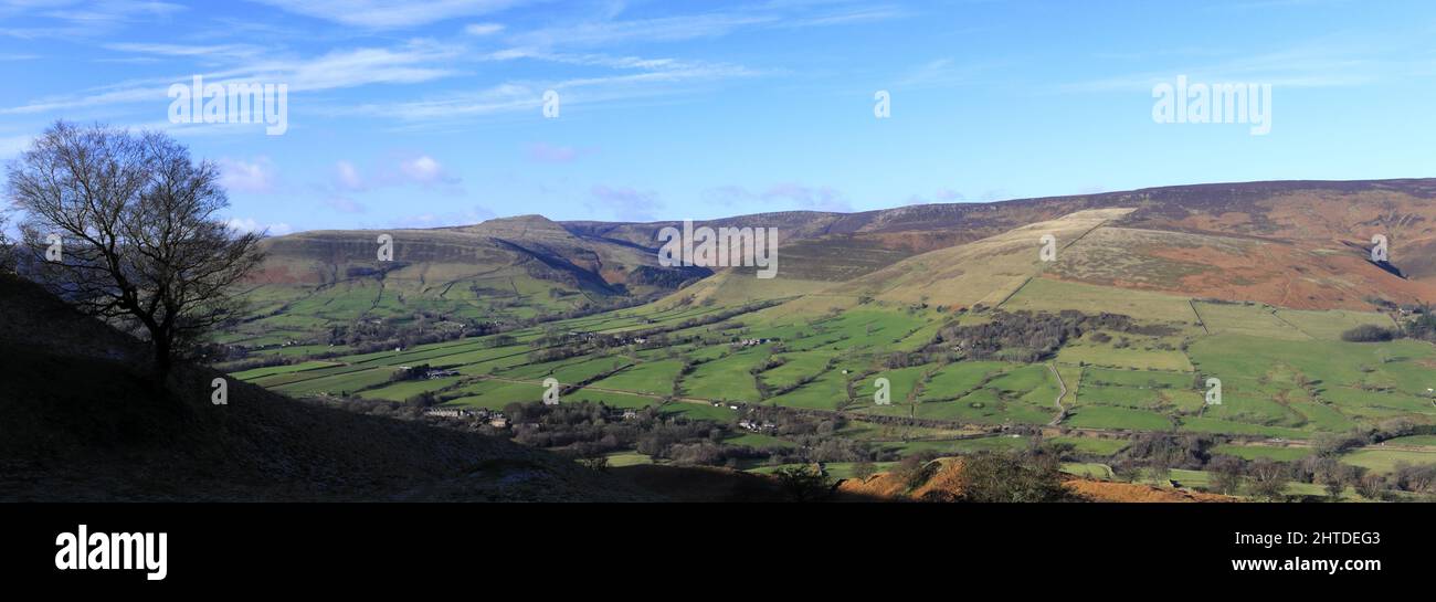 View over the Edale valley and Edale village, Derbyshire, Peak District ...