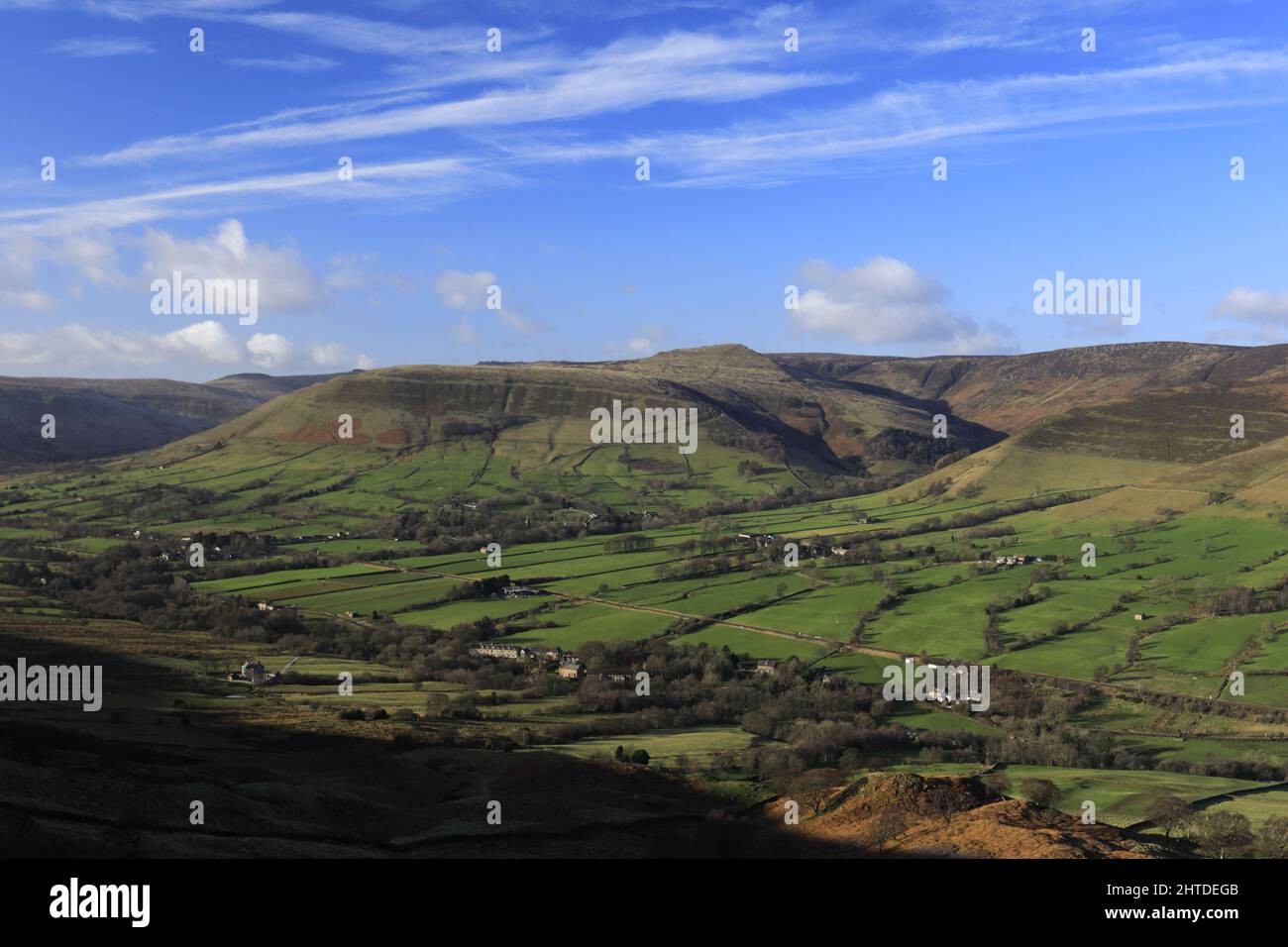 View over the Edale valley and Edale village, Derbyshire, Peak District ...