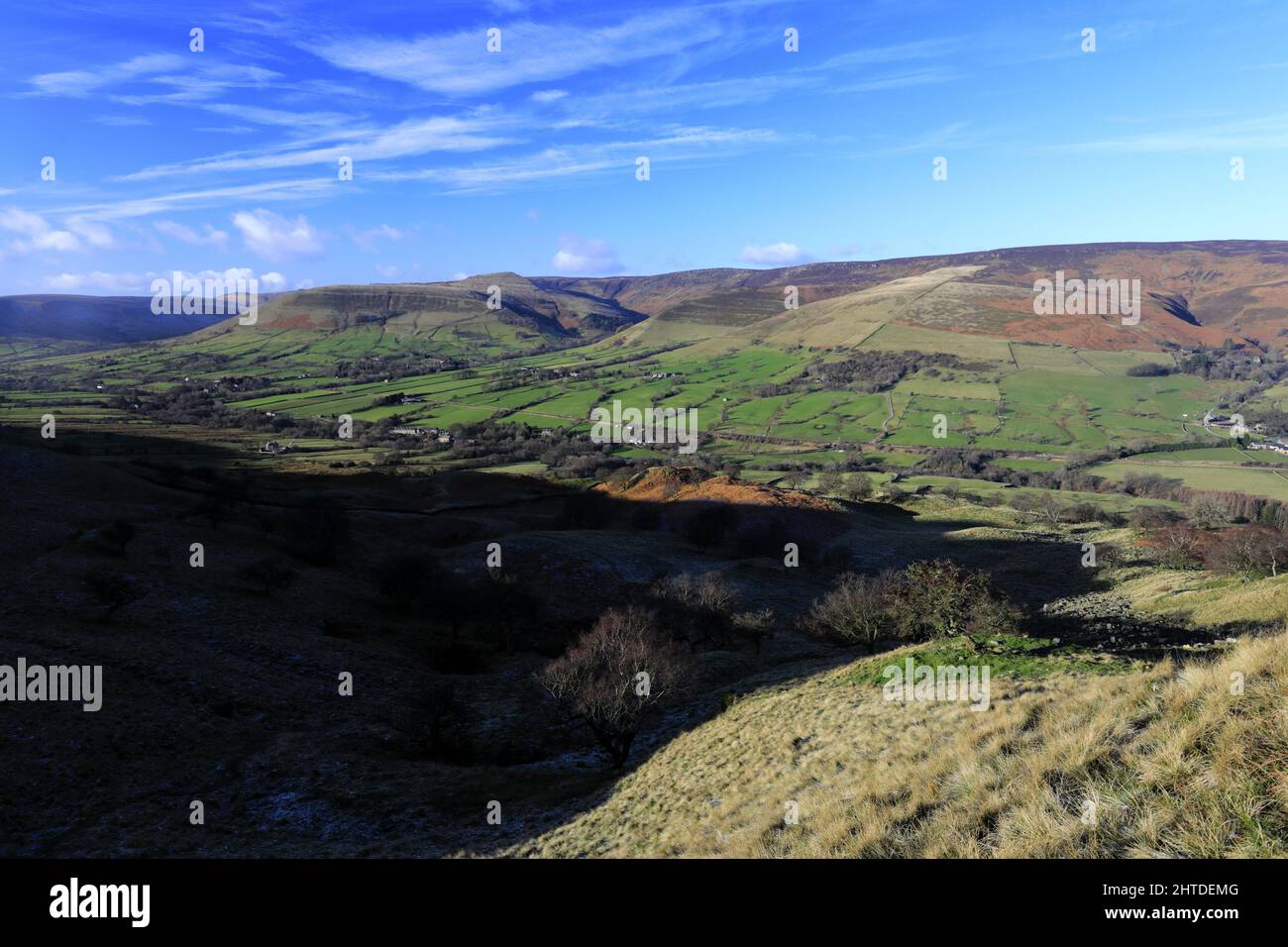 View over the Edale valley and Edale village, Derbyshire, Peak District ...
