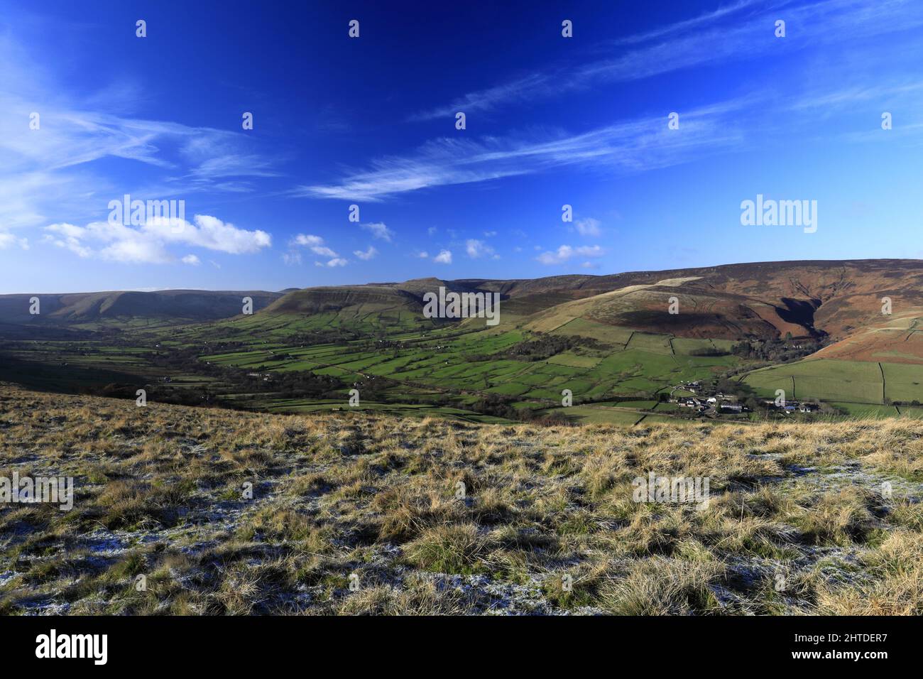 View over the Edale valley and Edale village, Derbyshire, Peak District ...