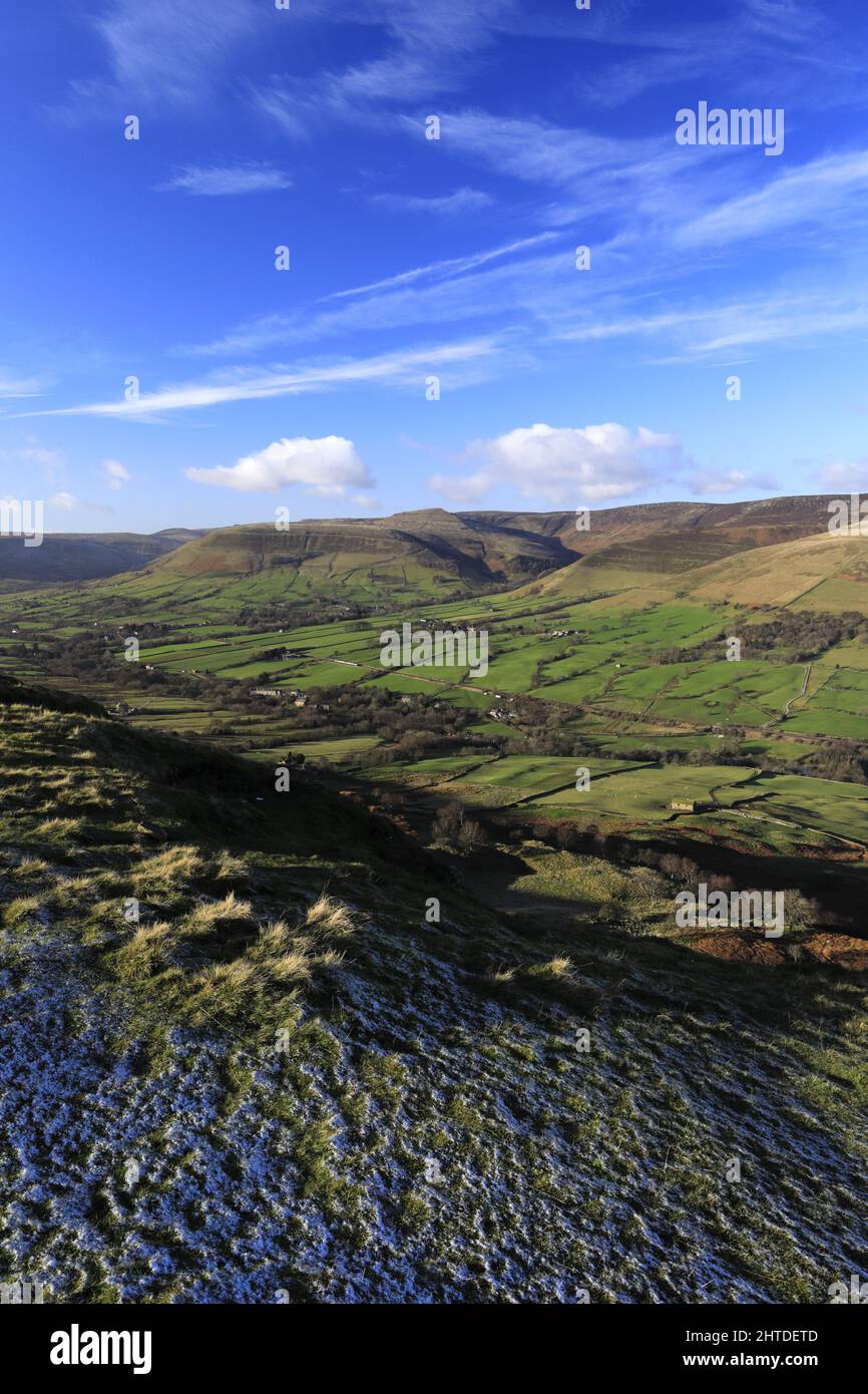 View over the Edale valley and Edale village, Derbyshire, Peak District ...