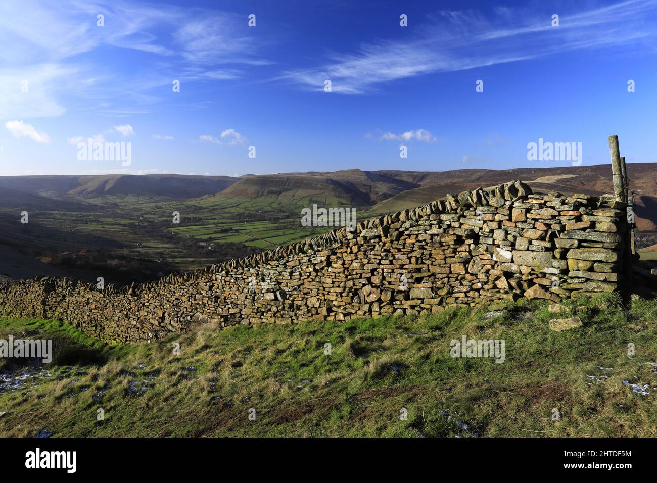 View over the Edale valley and Edale village, Derbyshire, Peak District ...