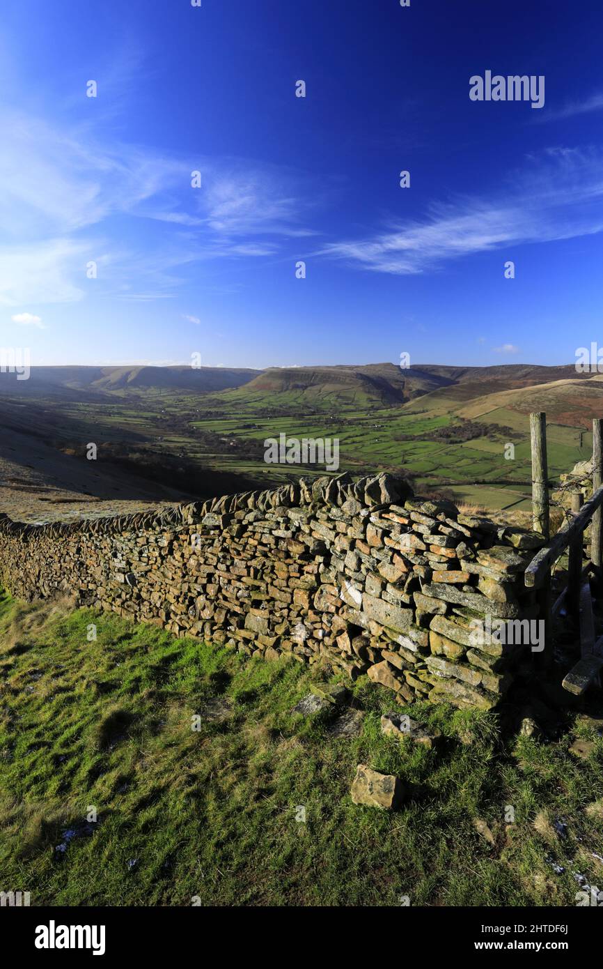 View over the Edale valley and Edale village, Derbyshire, Peak District ...