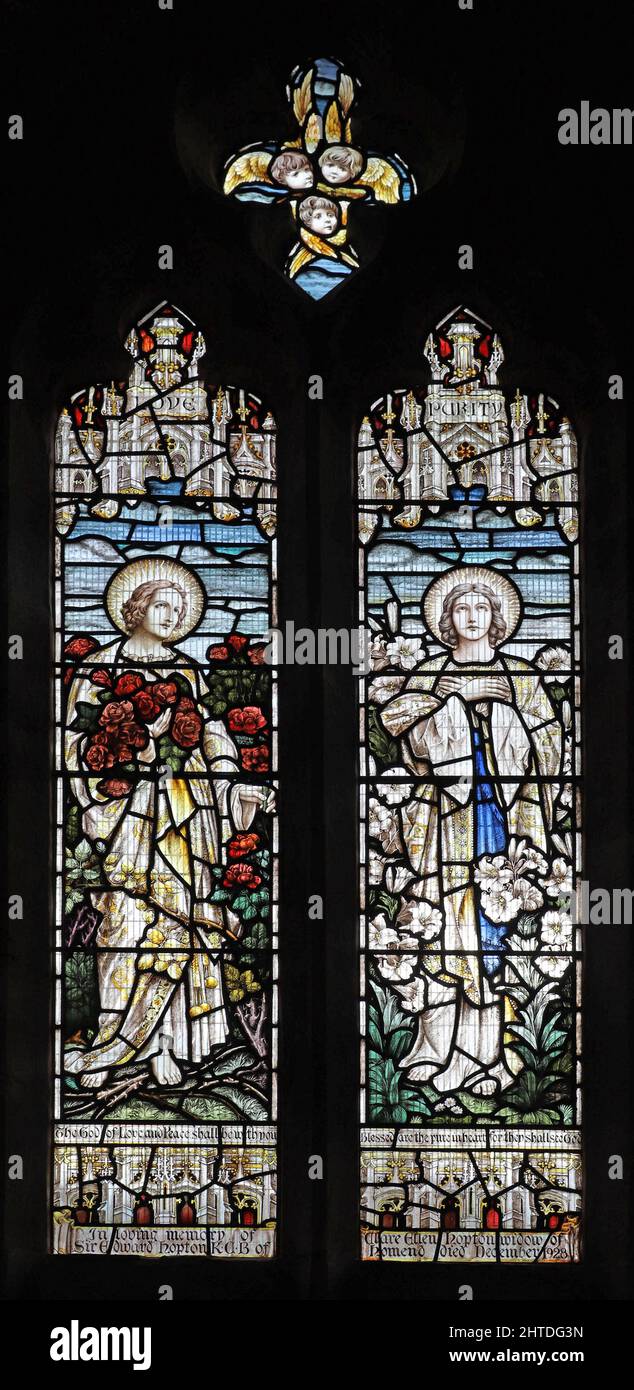 A stained glass window by Heaton, Bulter & Bayne, depicting the Virtues ...
