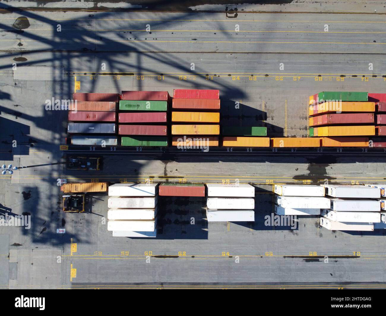 Aerial view of shipping containers on a commercial port Stock Photo - Alamy