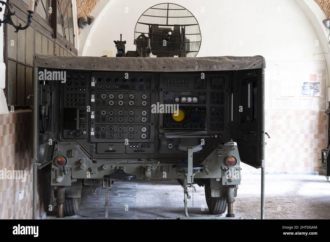 Military trailer with radar equipment and control panel with many ...