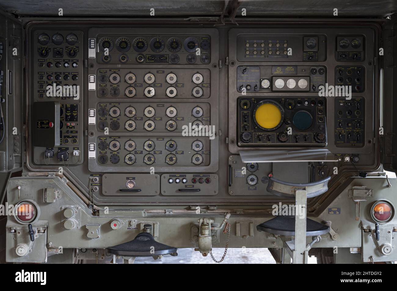 Military trailer with radar equipment and control panel with many ...