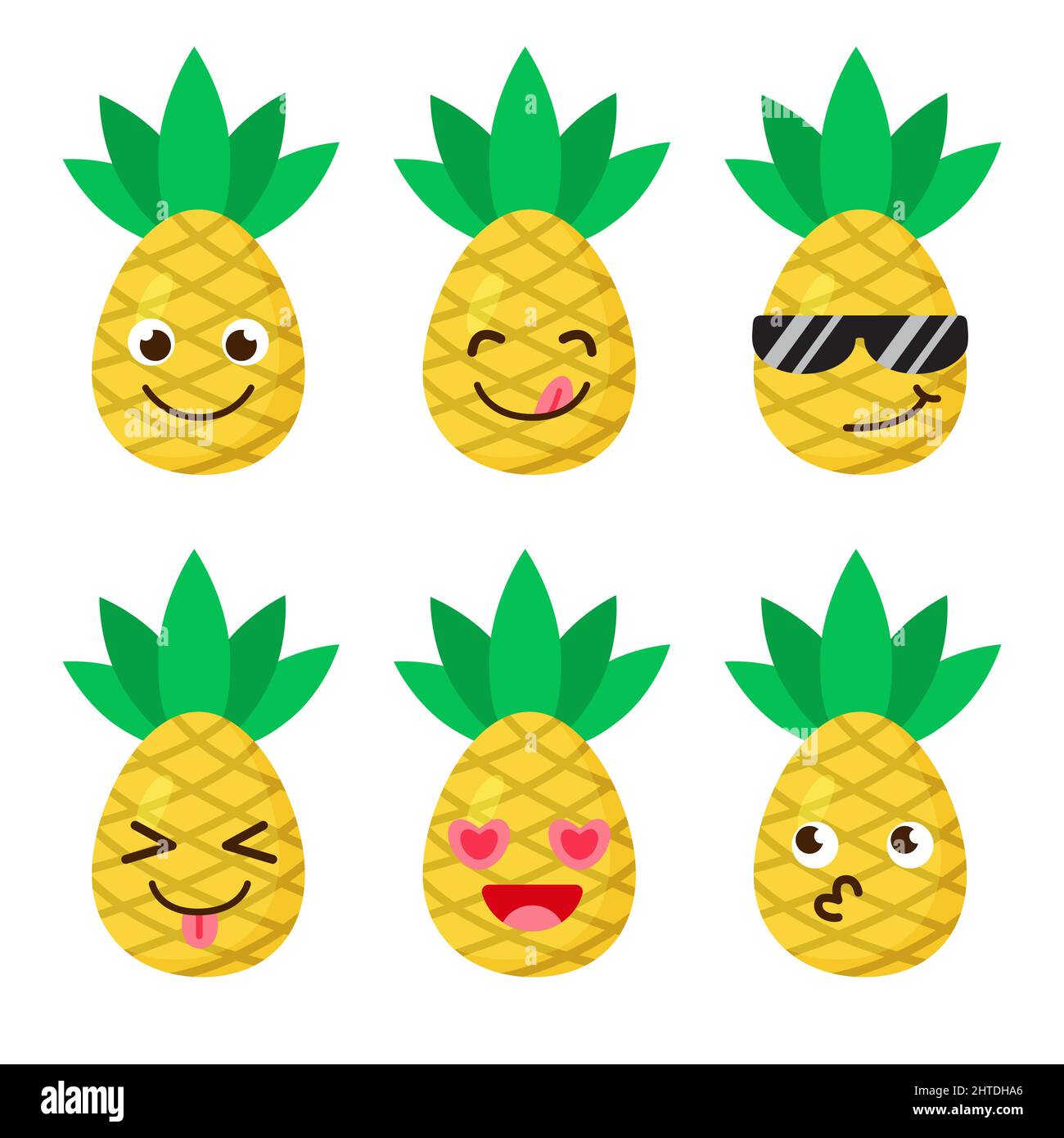 Set of pineapple emojis. Kawaii style icons, fruit characters. Vector ...