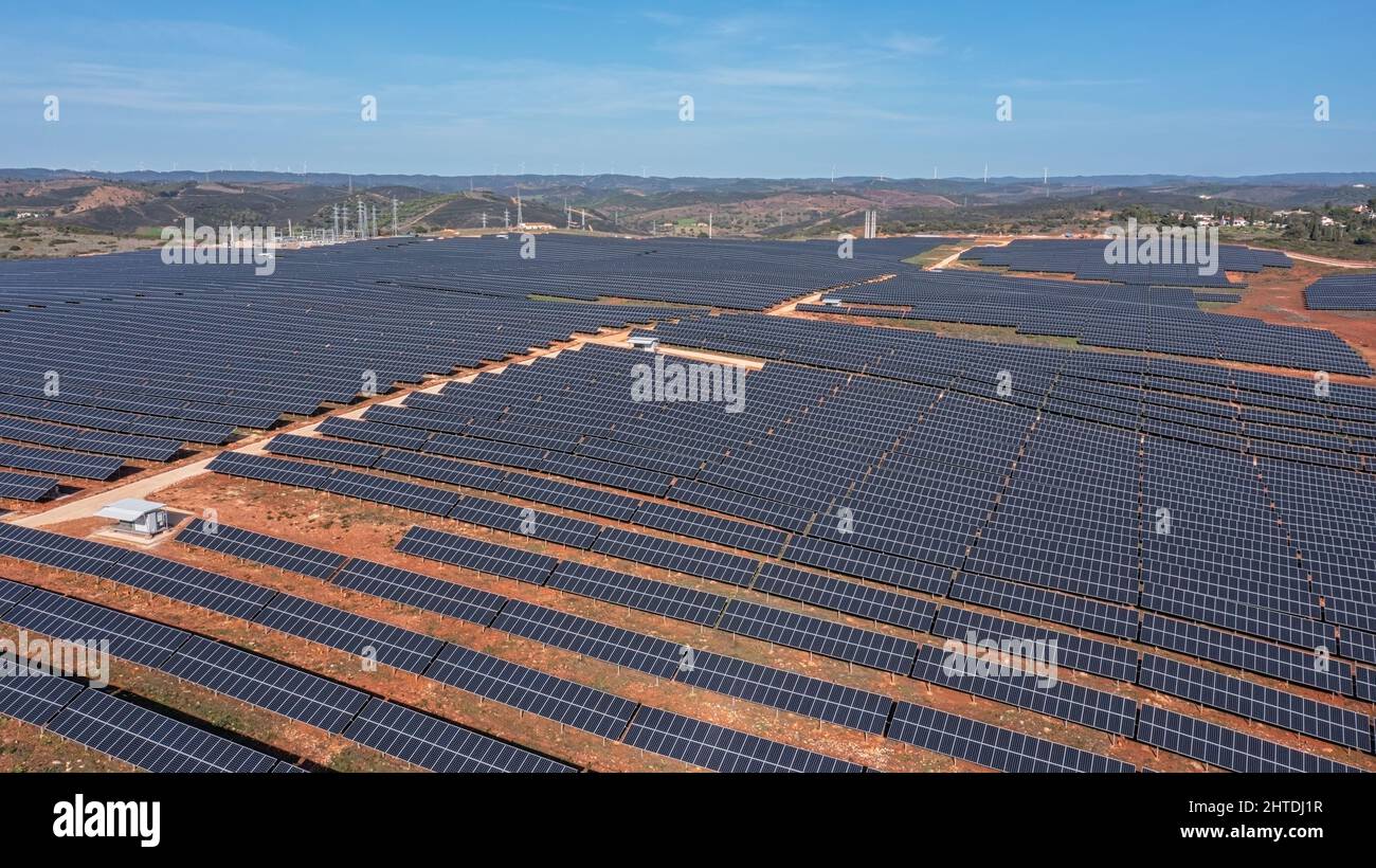 Aerial view of field with photovoltaic solar panels eco friendly ...