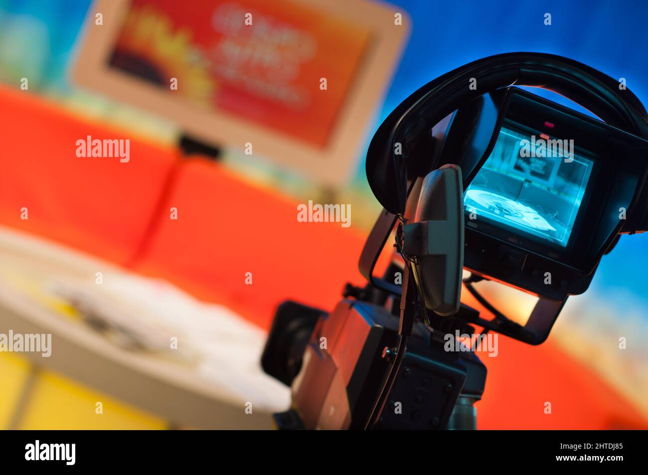 Close-up shot of a video camera viewfinder, recording show in a TV ...