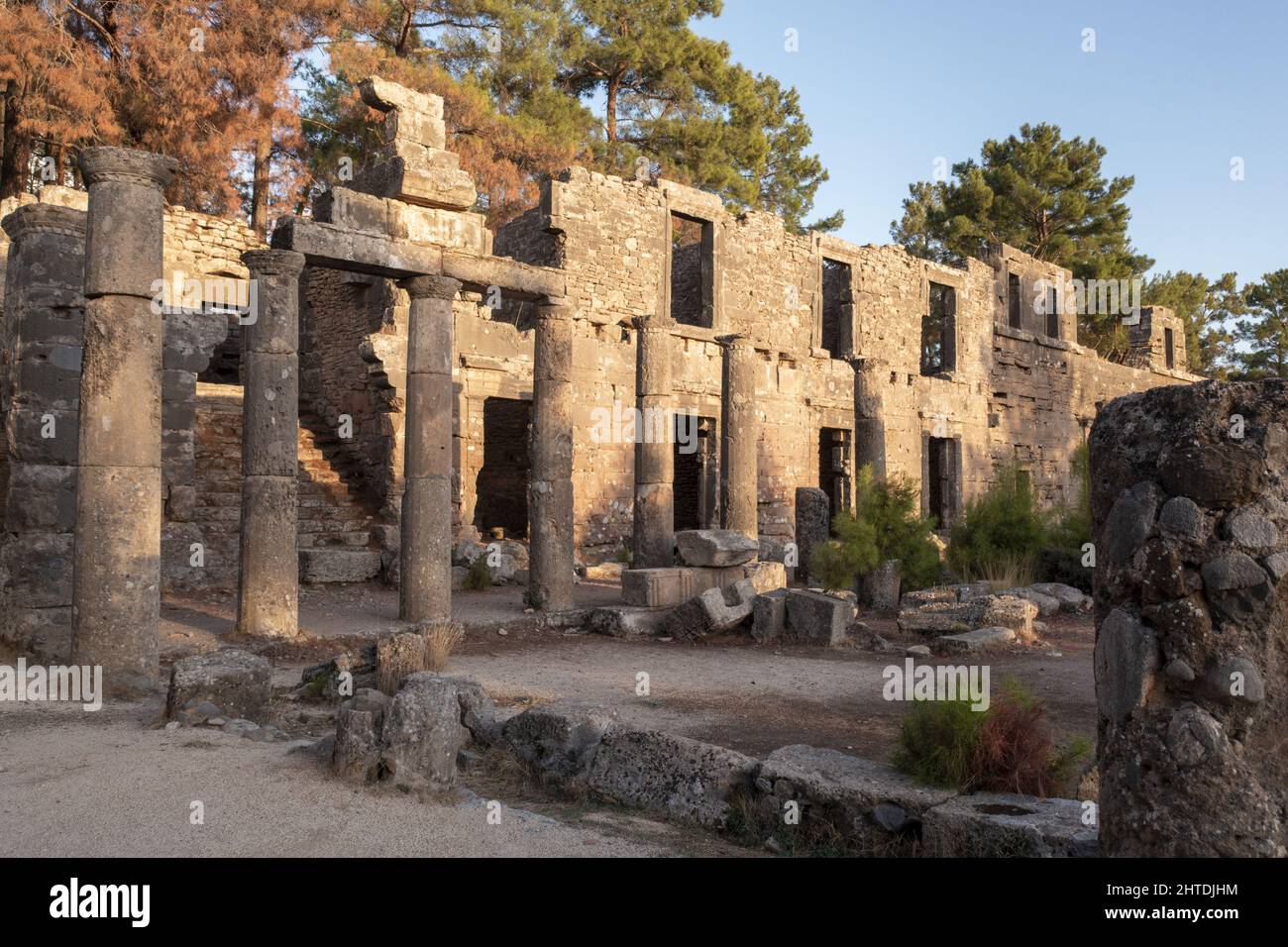 Sunlit view of walls and columns burned during the big Manavgat Fire in ...