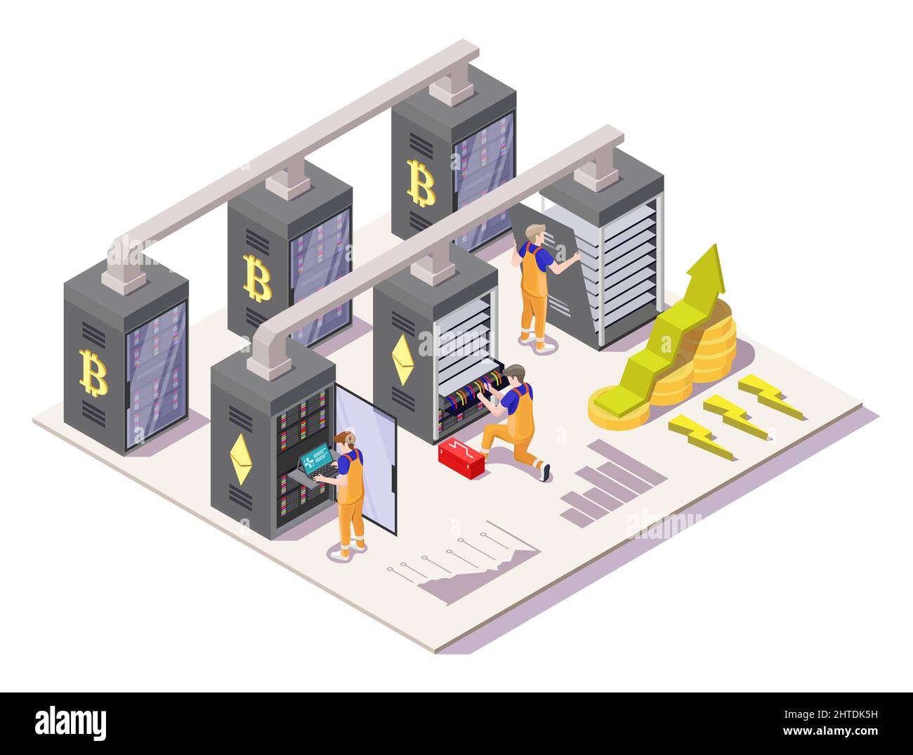 Isometric people install crypto mining farm in server room ...
